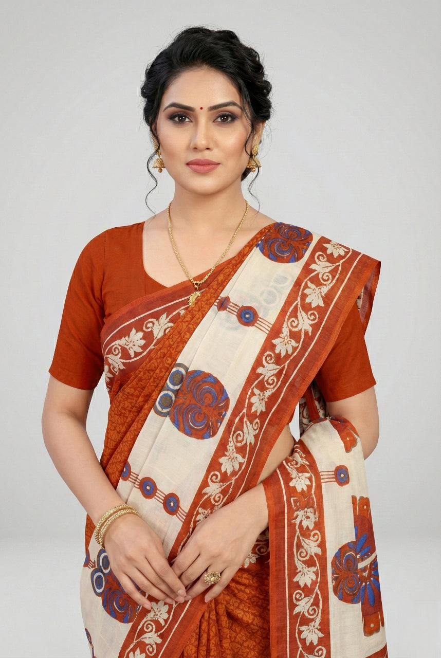 Woman wearing a traditional saree with a white and orange pattern on a ...
